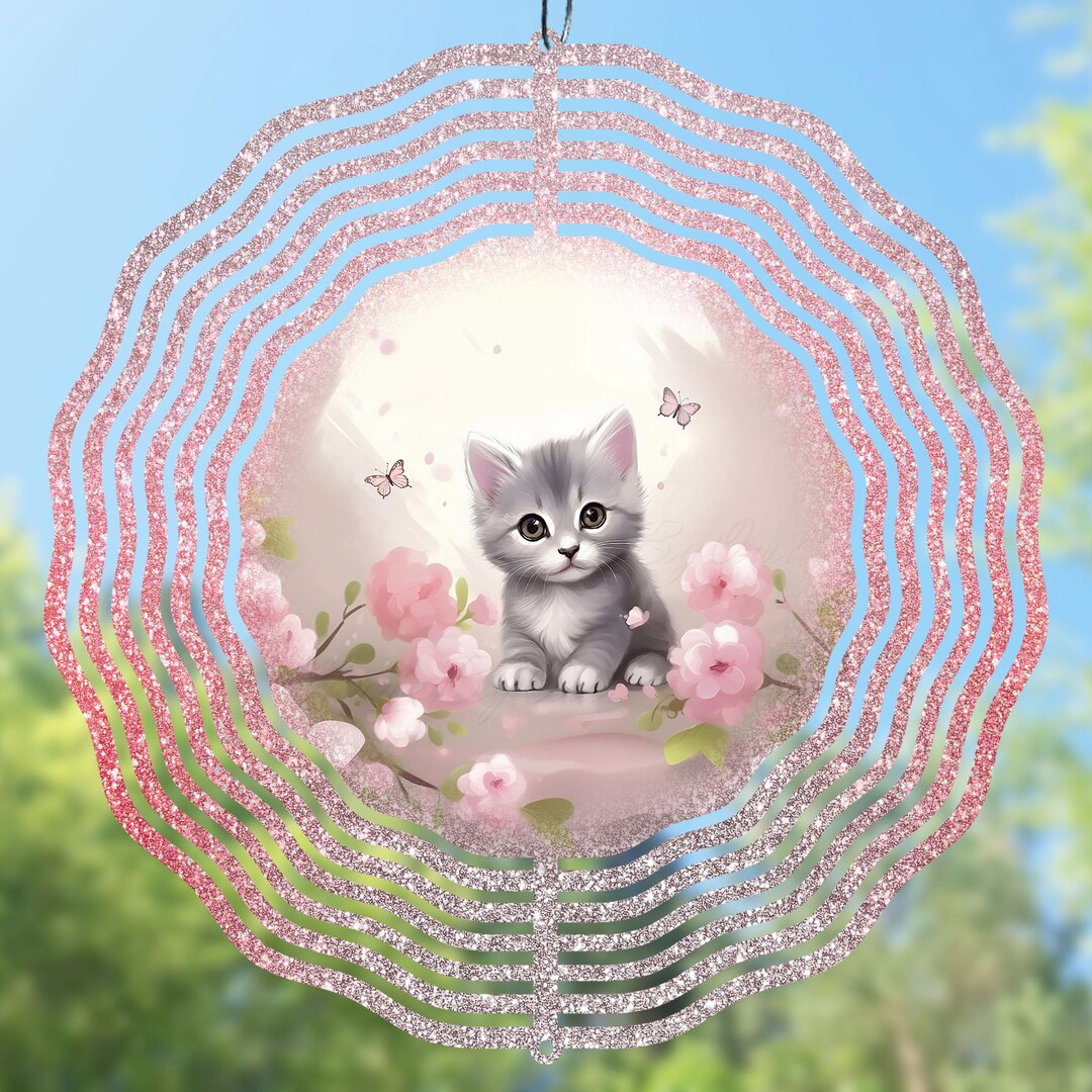 Cute Kitten Wind Spinner PNG, Gray Cat With Flowers and Butterflies PNG ...