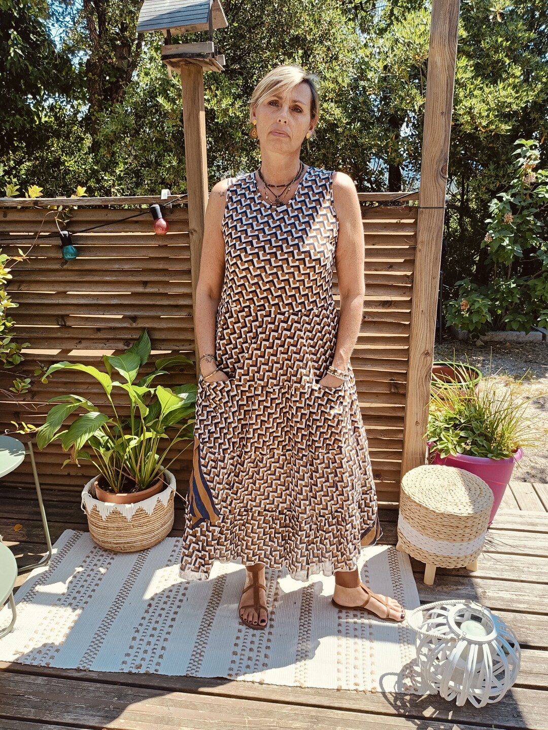 SAVANNAH Long Dress in Cotton, Navy and Cognac Print. - Etsy