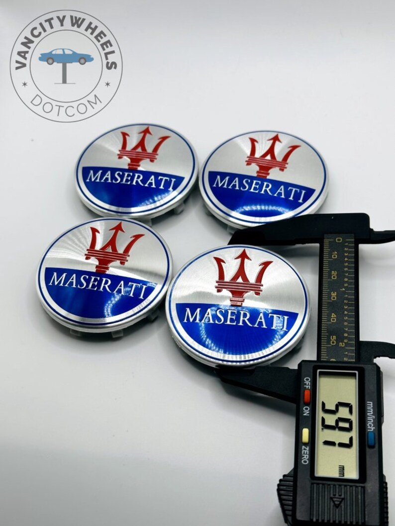 Set of 4 Chrome/blue Maserati Alloy Wheel Center Caps 60mm, Chrome/blue ...