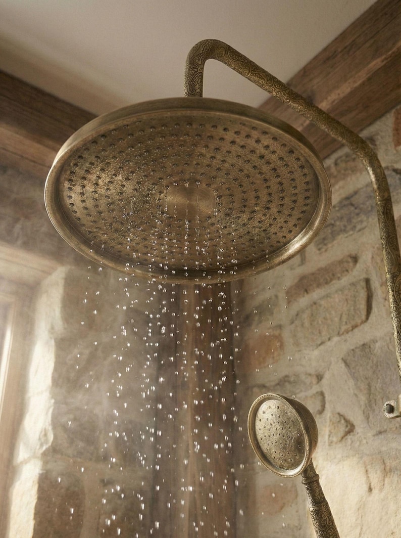 Unlacquered Brass Shower System With 8-inch Rain Head and Handheld ...