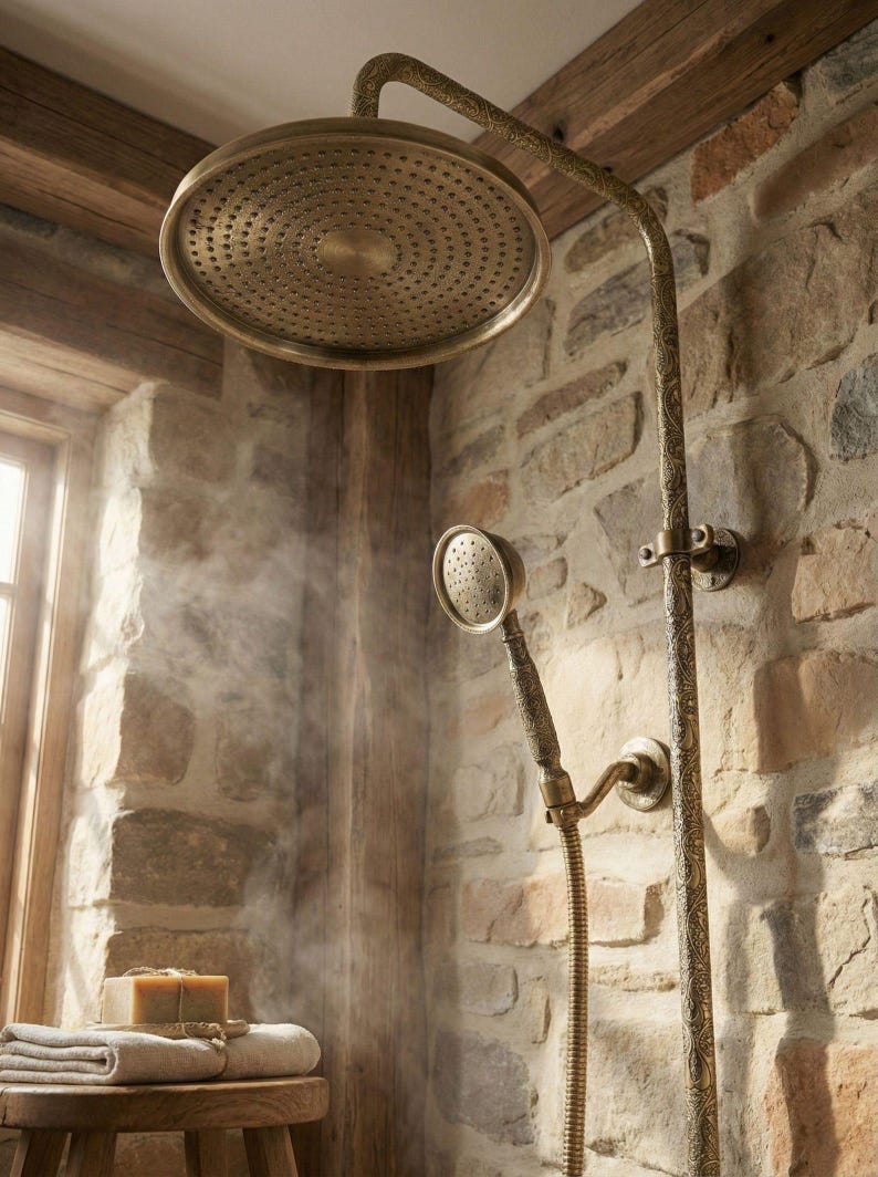 Unlacquered Brass Shower System With 8-inch Rain Head and Handheld ...