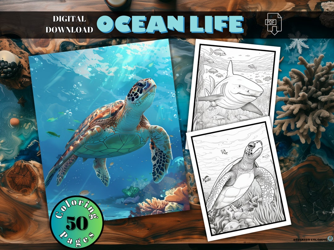 Ocean Life Coloring Pages for Adults & Kids 50 Designs of Fish, Sea ...