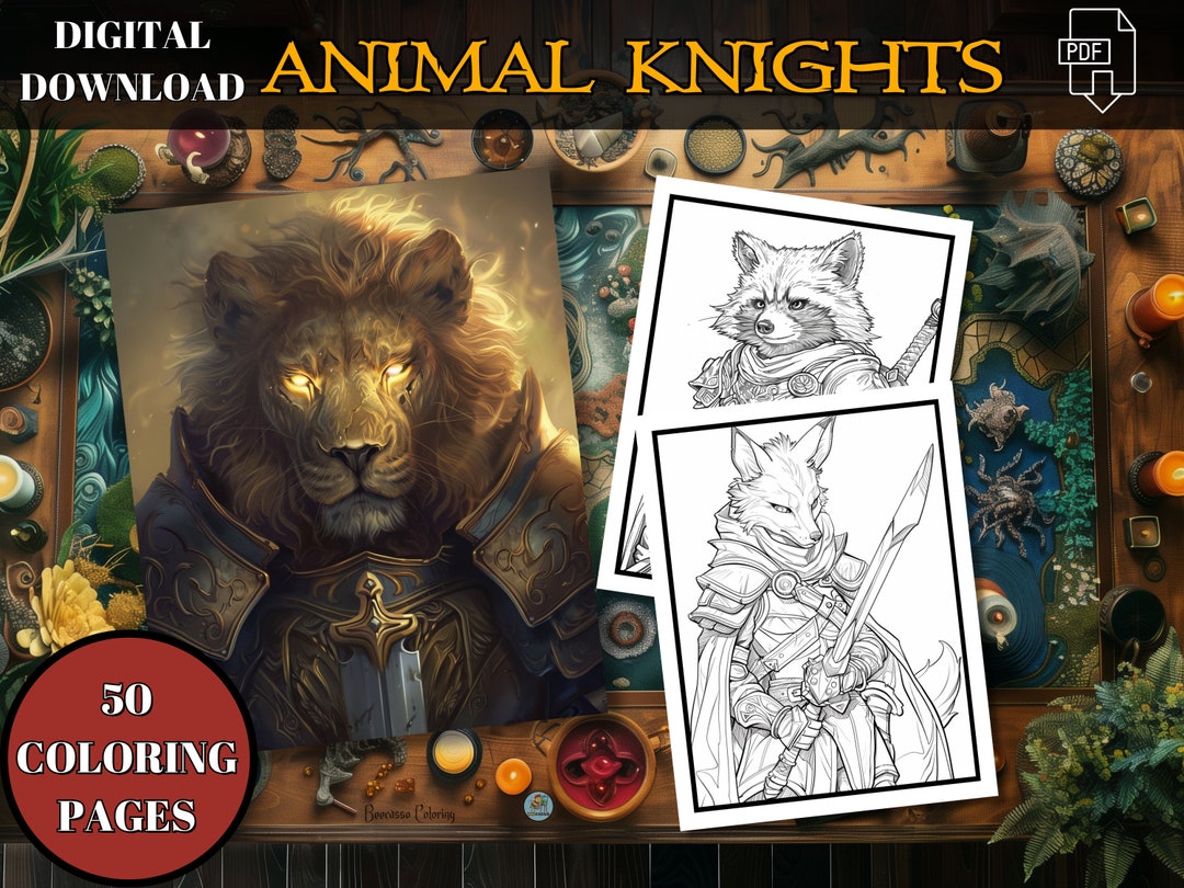 Animal Knights Coloring Pages for Adults & Kids 50 Medieval Fantasy ...