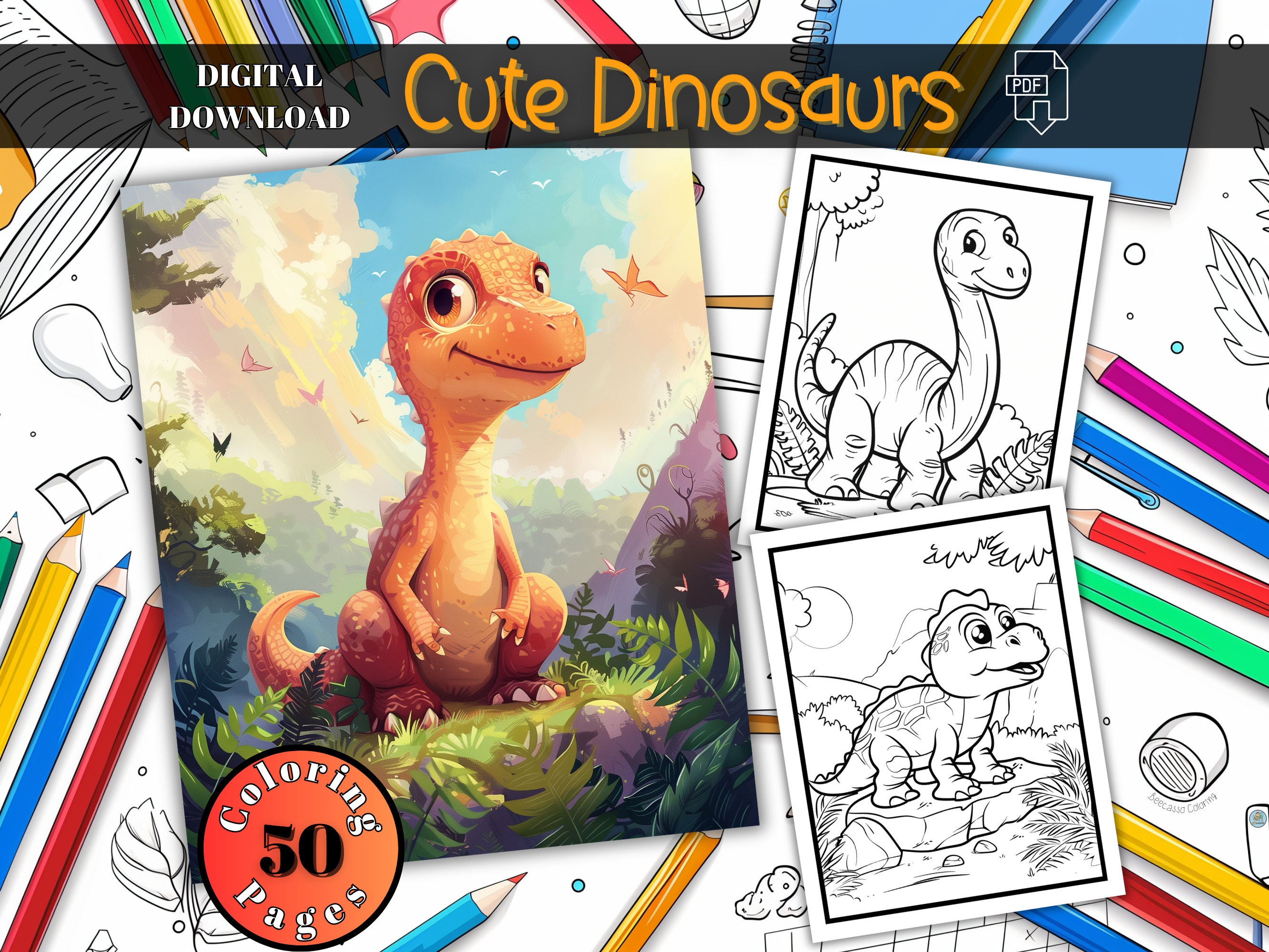 Cute Dinosaurs Coloring Pages 50 Designs for Kids, Adorable Creatures ...