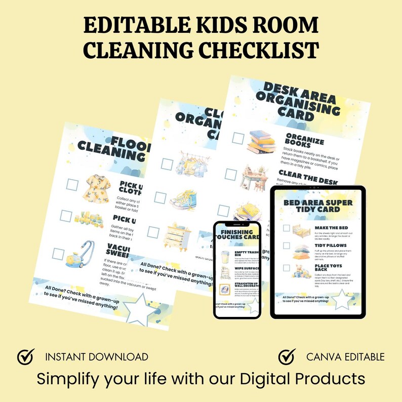 Editable Kids Room Checklist, Floor Cleaning Card, Kids Chore Chart ...