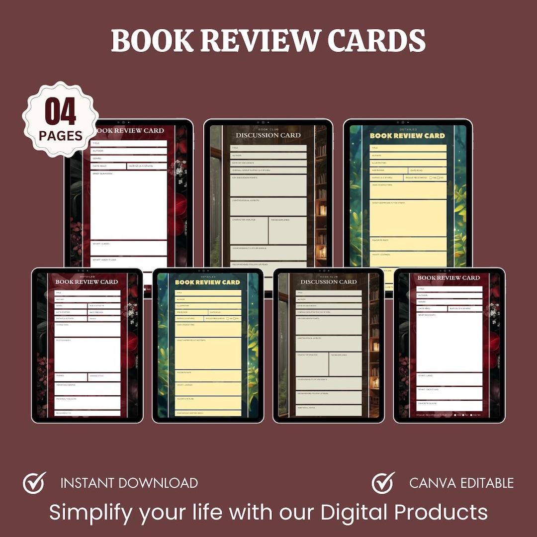 Book Review Card Templates: Book Club Discussion Printable (canva ...