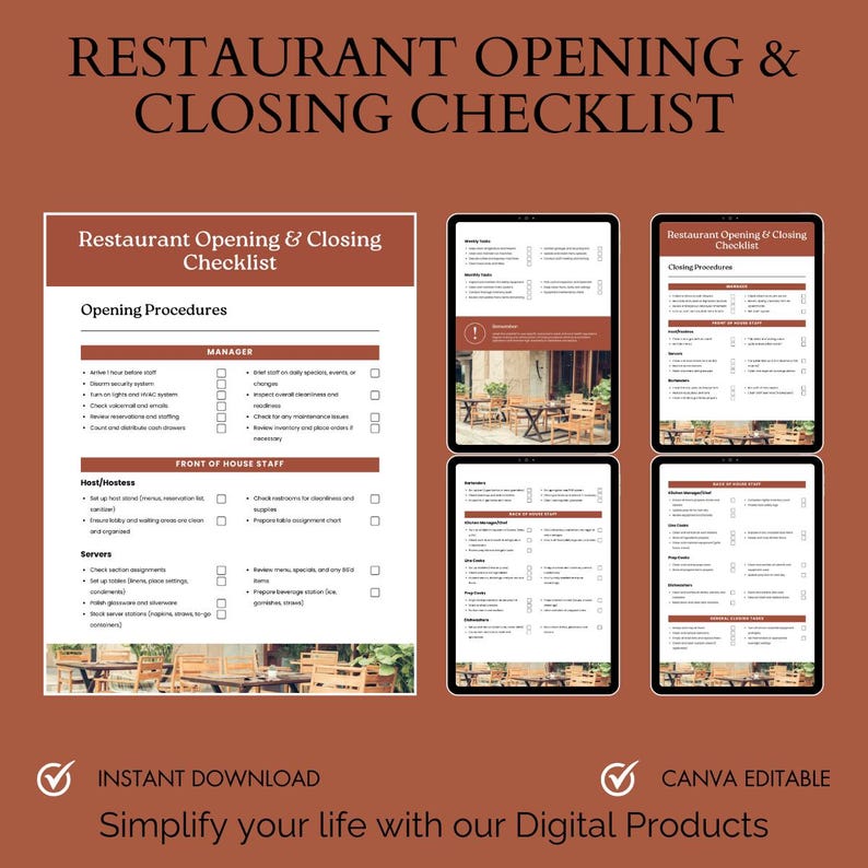 Restaurant Opening Closing Checklist: Training Template (digital ...