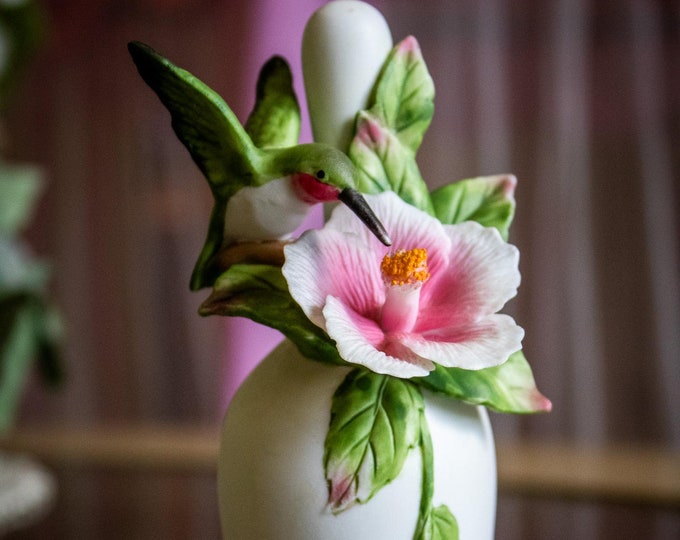 White Porcelain Hummingbird Bell With a Pink Flower - Etsy