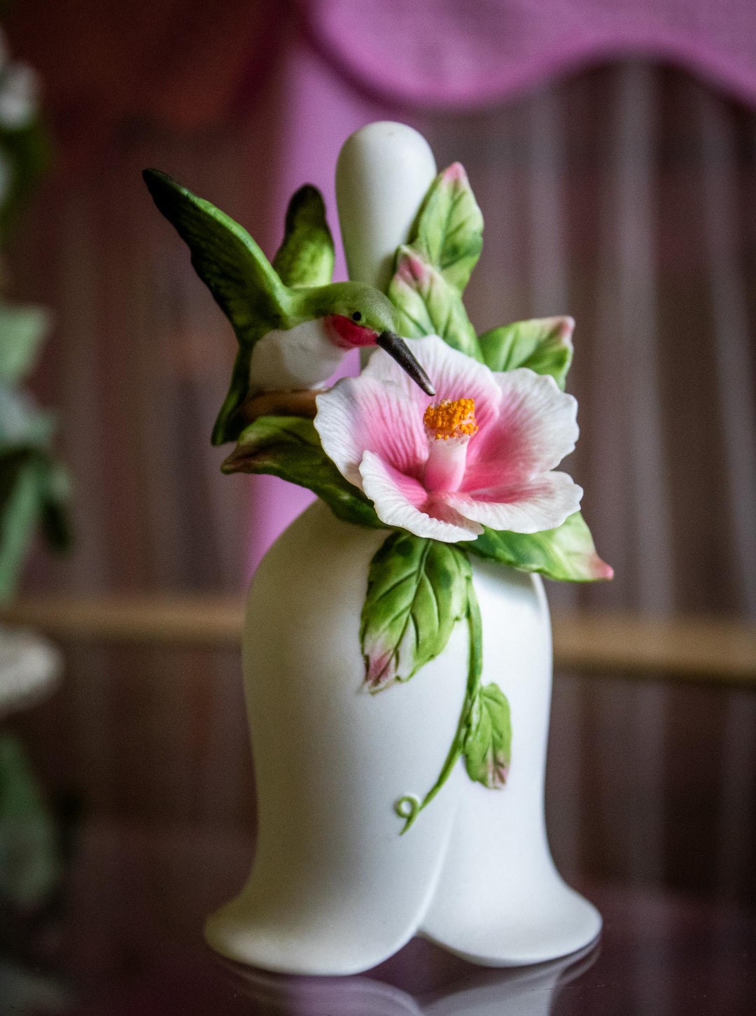 White Porcelain Hummingbird Bell With a Pink Flower - Etsy