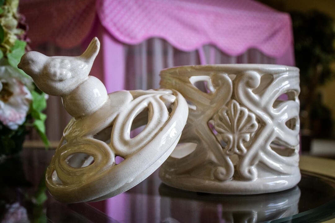 Beige Open Scroll Canister Design With Bird Topper - Etsy