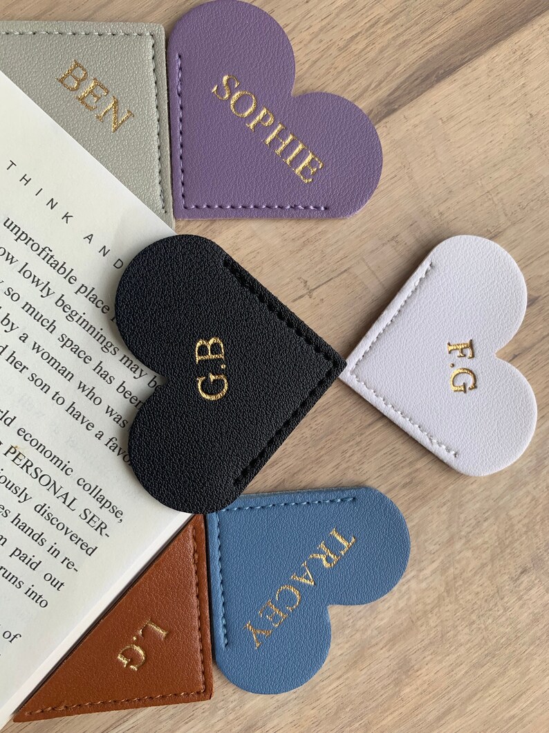 Corner Bookmark Gold Foil Heart Leather Name Book Accessories Personalised Name Initial ...