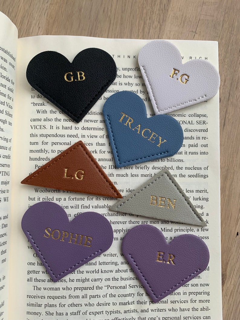 Corner Bookmark Gold Foil Heart Leather Name Book Accessories Personalised Name Initial ...