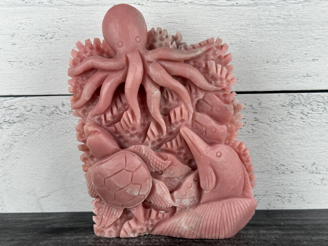 Octopus Dolphin Turtle Fish Aquatic Scene 6.75 Pink Opal Carved Natural ...