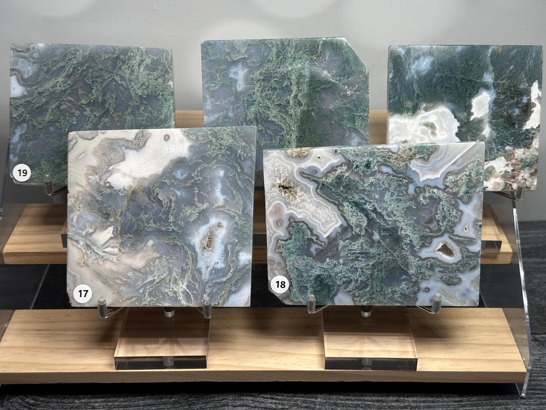 Moss Agate Slab With Acrylic Metal Pronged Support Stand (natural ...
