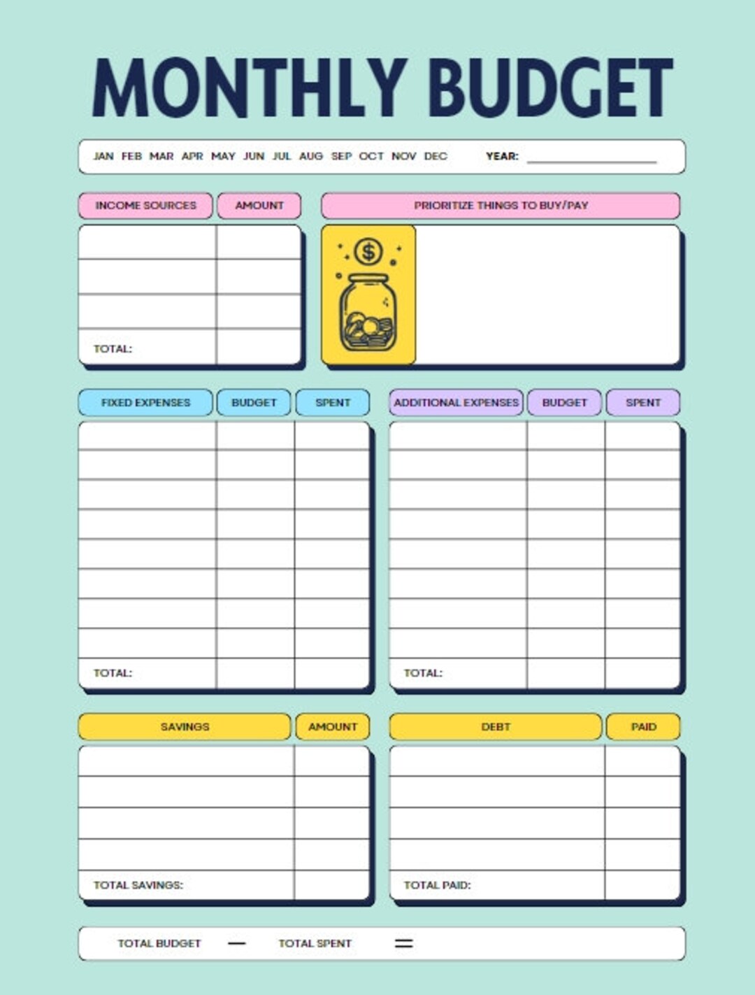 Green Modern Monthly Budget Planner - Etsy