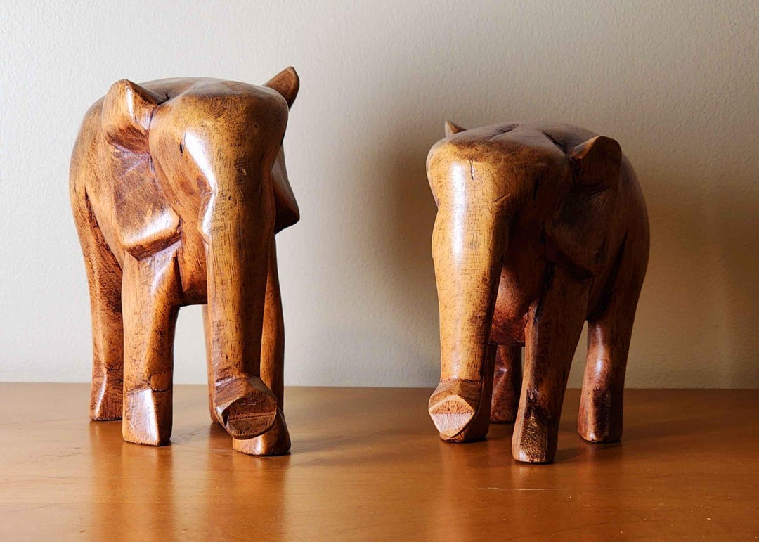 Two Adorable Wooden Elephant Sculptures Pair Cute Wooden Carved Hand ...