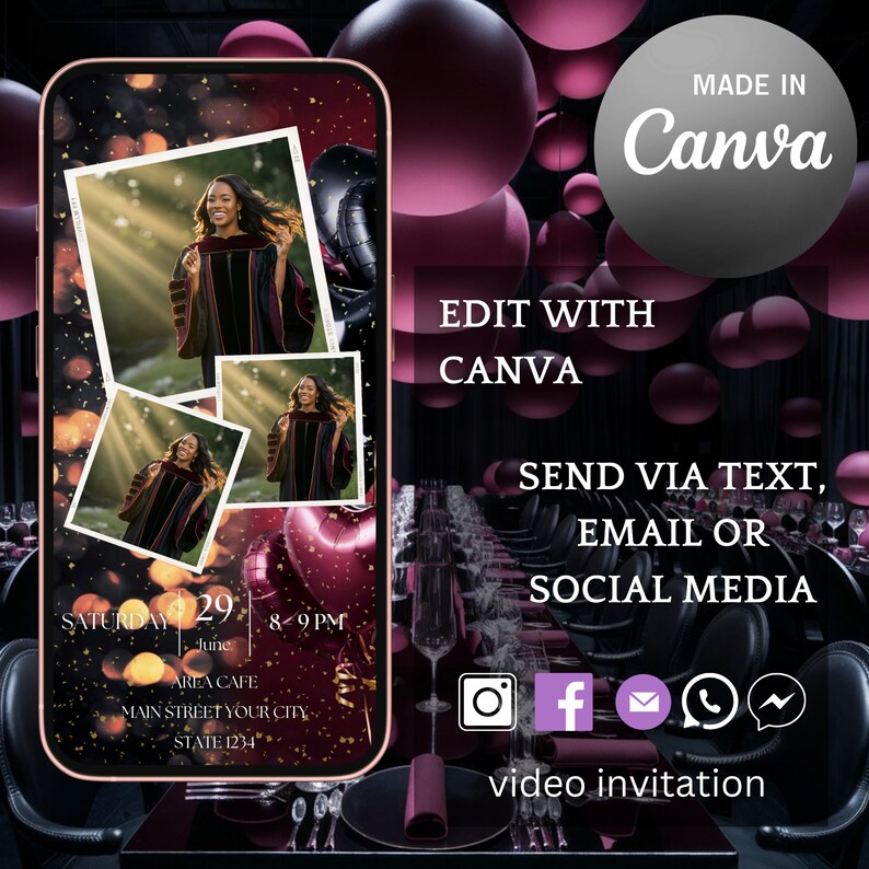 Maroon Color Graduation Invitation Templates, Maroon Grad Party Digital ...