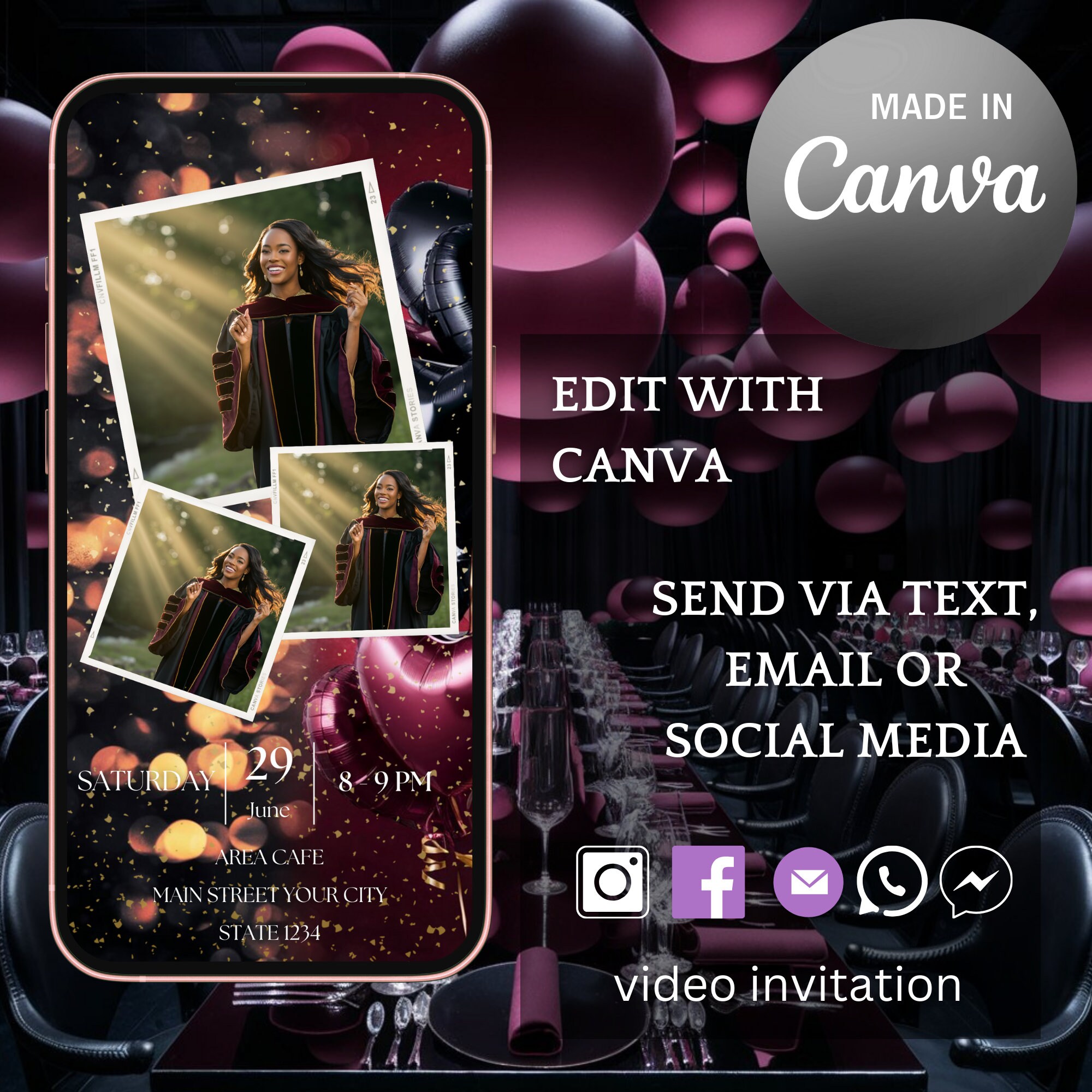 Maroon Color Graduation Invitation Templates, Maroon Grad Party Digital ...