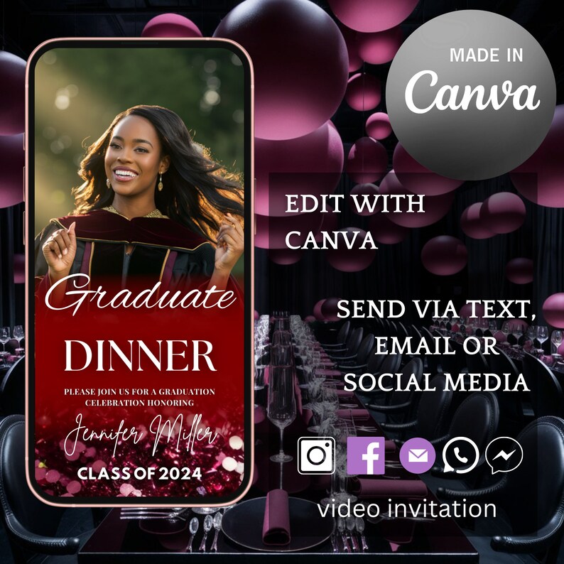 Maroon Color Graduation Invitation Templates, Maroon Grad Party Digital ...
