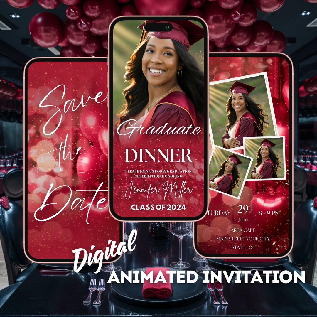 Crimson Color Graduation Invitation Templates, Red Grad Party Digital ...