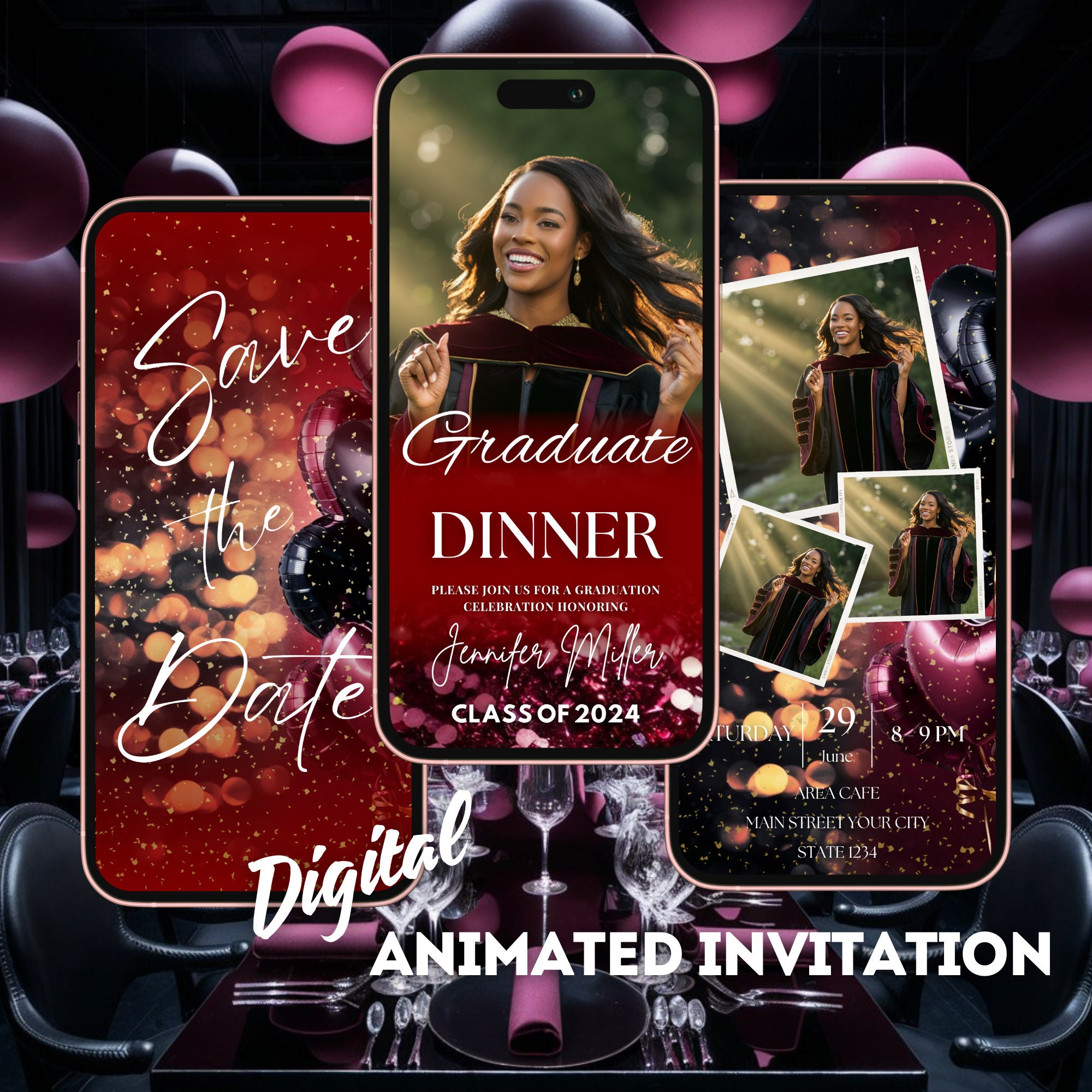 Maroon Color Graduation Invitation Templates, Maroon Grad Party Digital ...