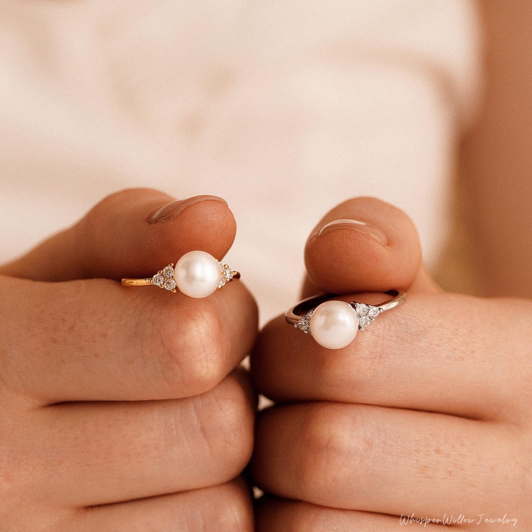 14k Gold Freshwater Diamond Pearl Ring, Real Pearl Ring for Women ...