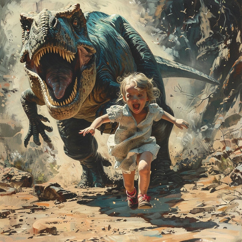 Kids Chased by T-rex - Etsy