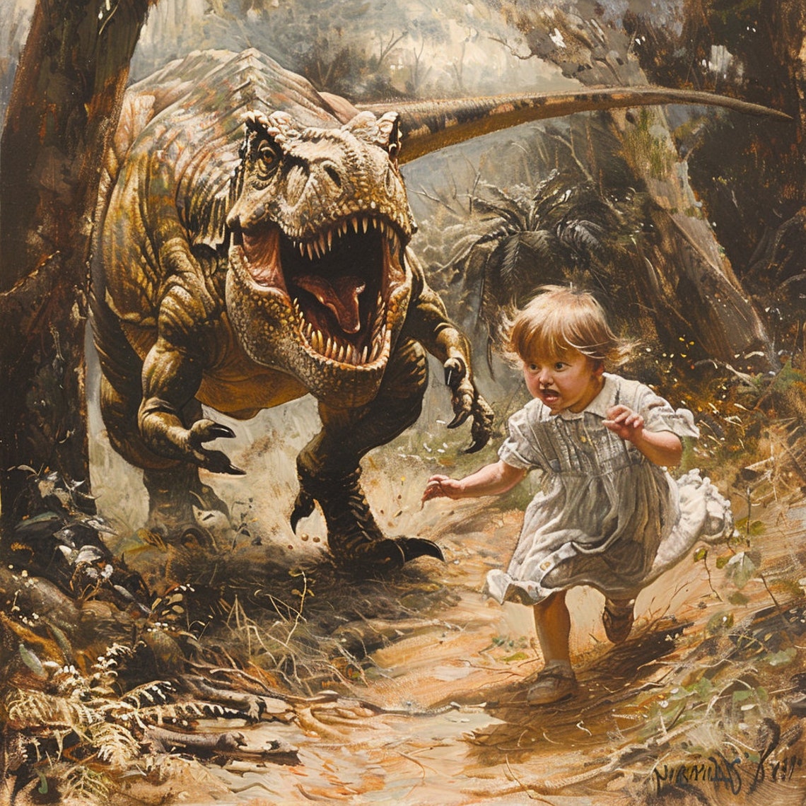 Kids Chased by T-rex - Etsy