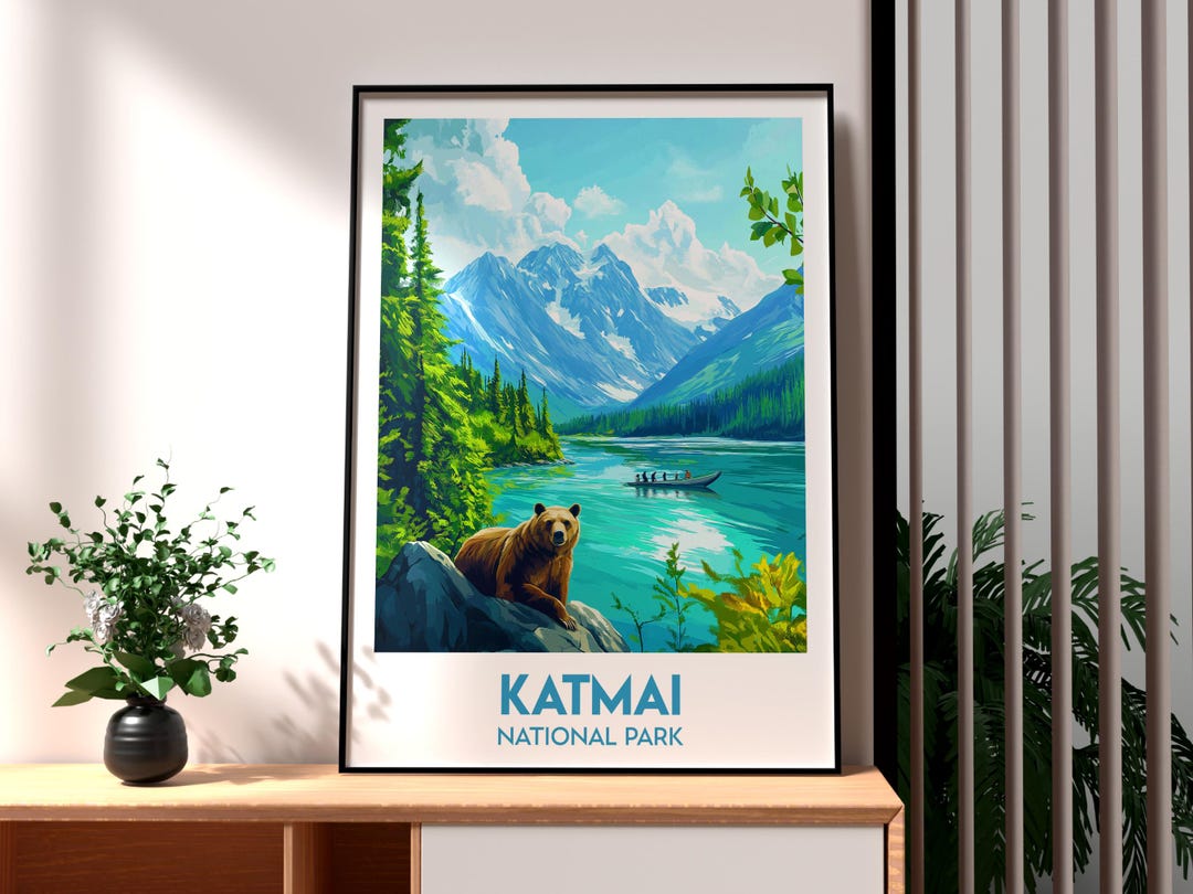 Katmai National Park Poster: Alaska Bear & Mountain Art Print - Etsy
