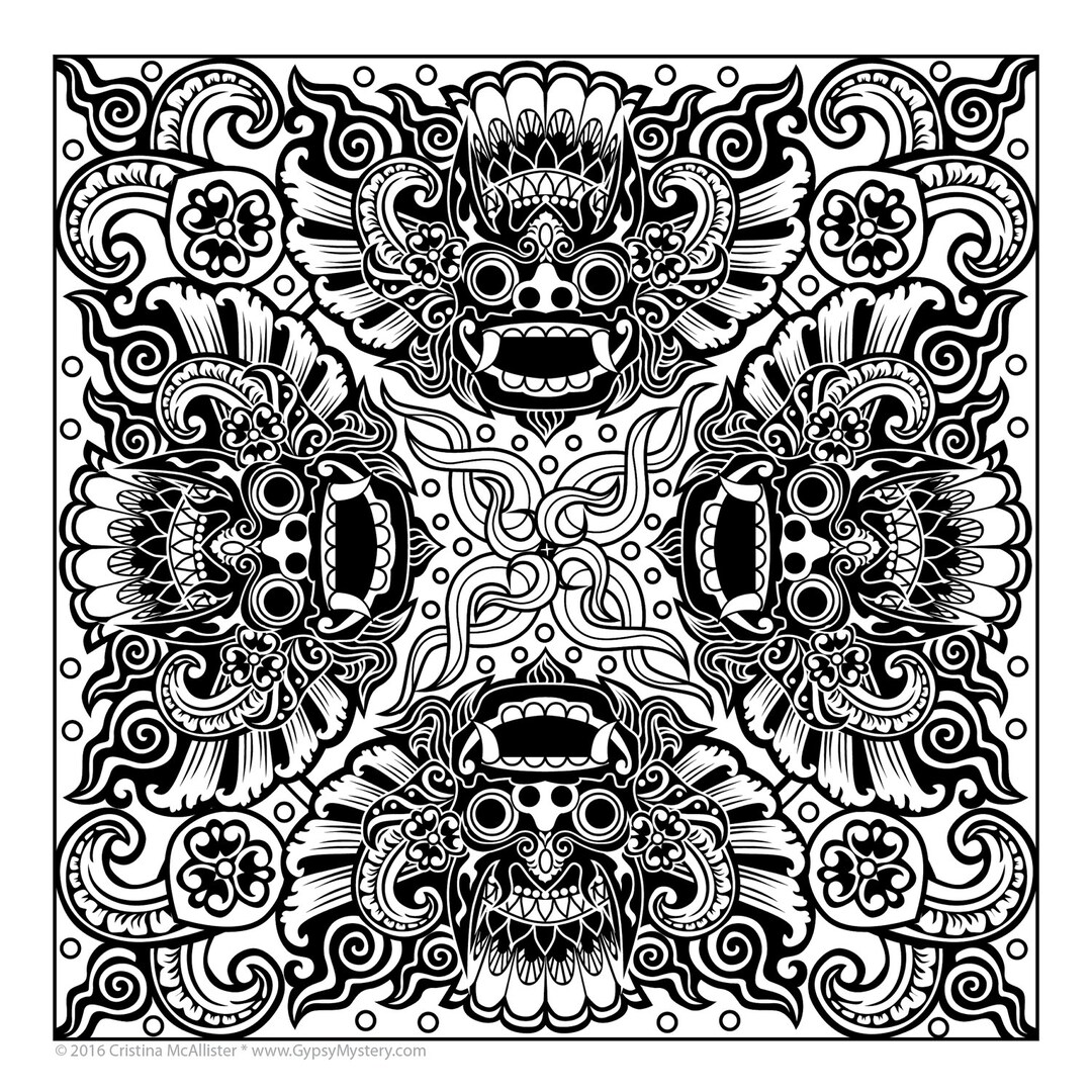 Single Coloring Page - Balinese Masks Mandala Design - Download, Print ...