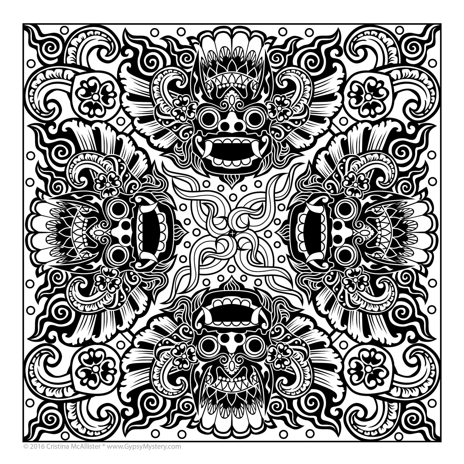 Single Coloring Page Balinese Masks Mandala Design | Etsy