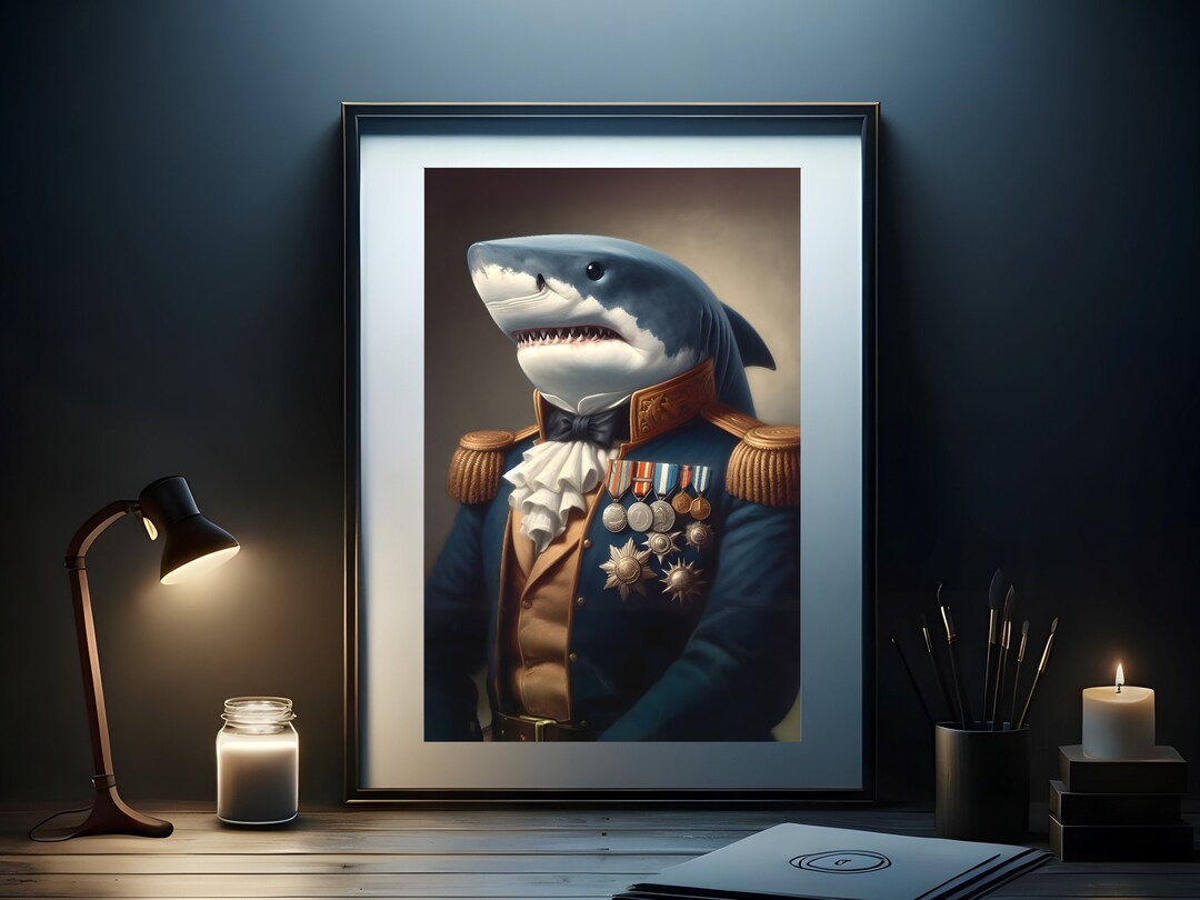 Major General Great White Shark Art Print Wall Art, Fantasy Character, Portrait, Whimsical ...