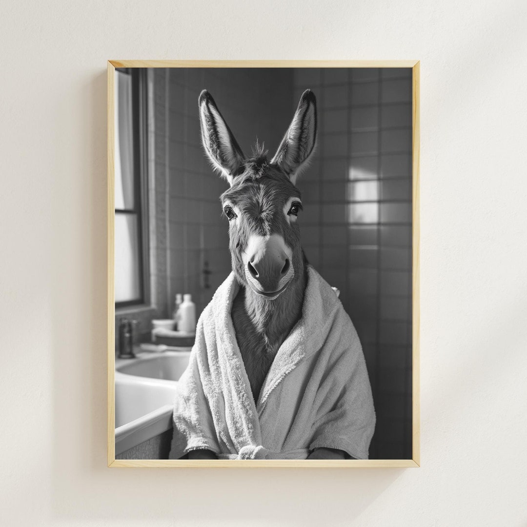 Donkey in a Bathrobe, Funny Bathroom Wall Art, Quirky Animal Print ...