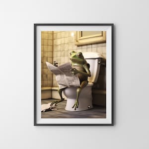 Frog Sitting on the Toilet Reading a Newspaper, Funny Animal Wall Art ...