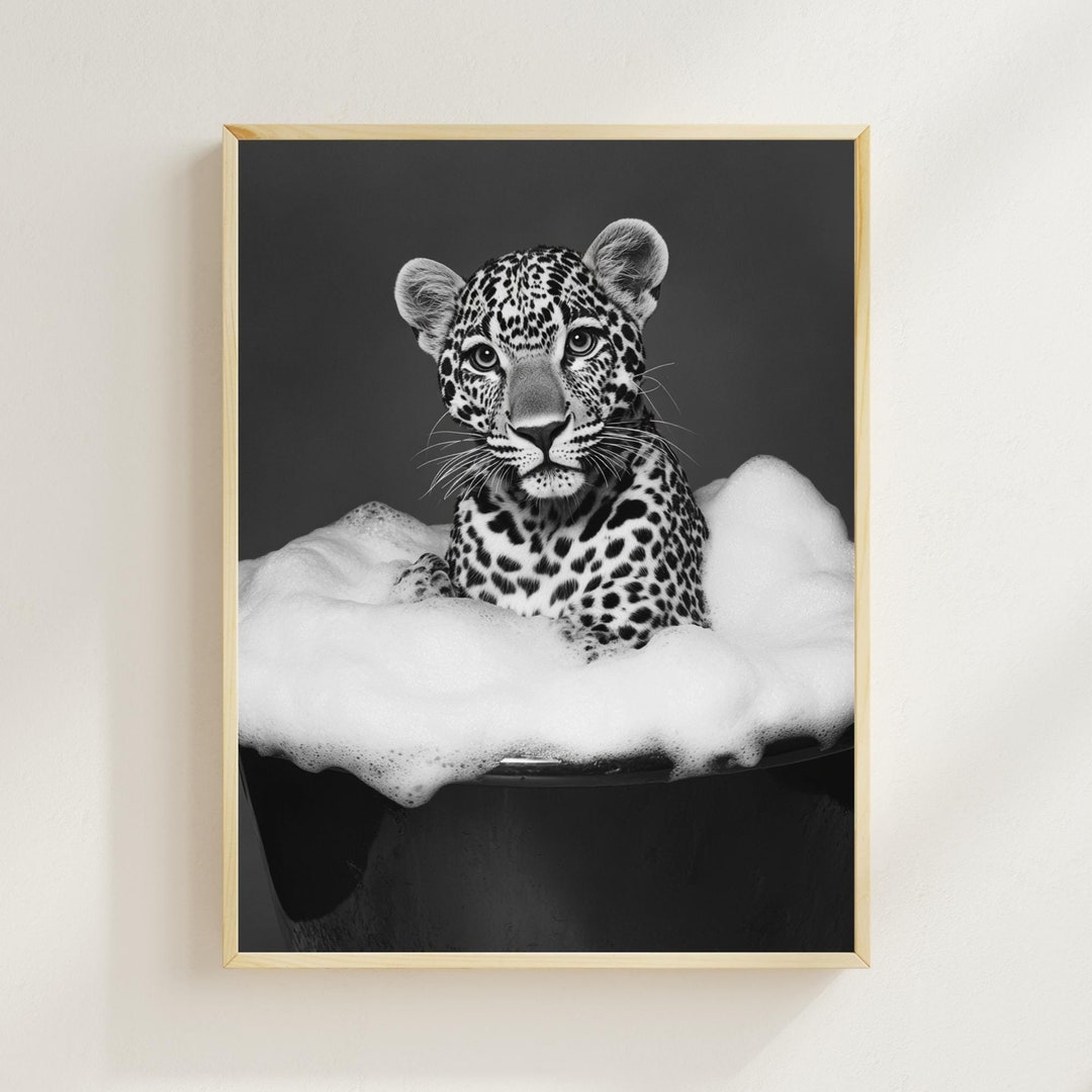 Leopard in the Bathtub, Funny Animal Wall Art, Leopard Taking a Bubble ...