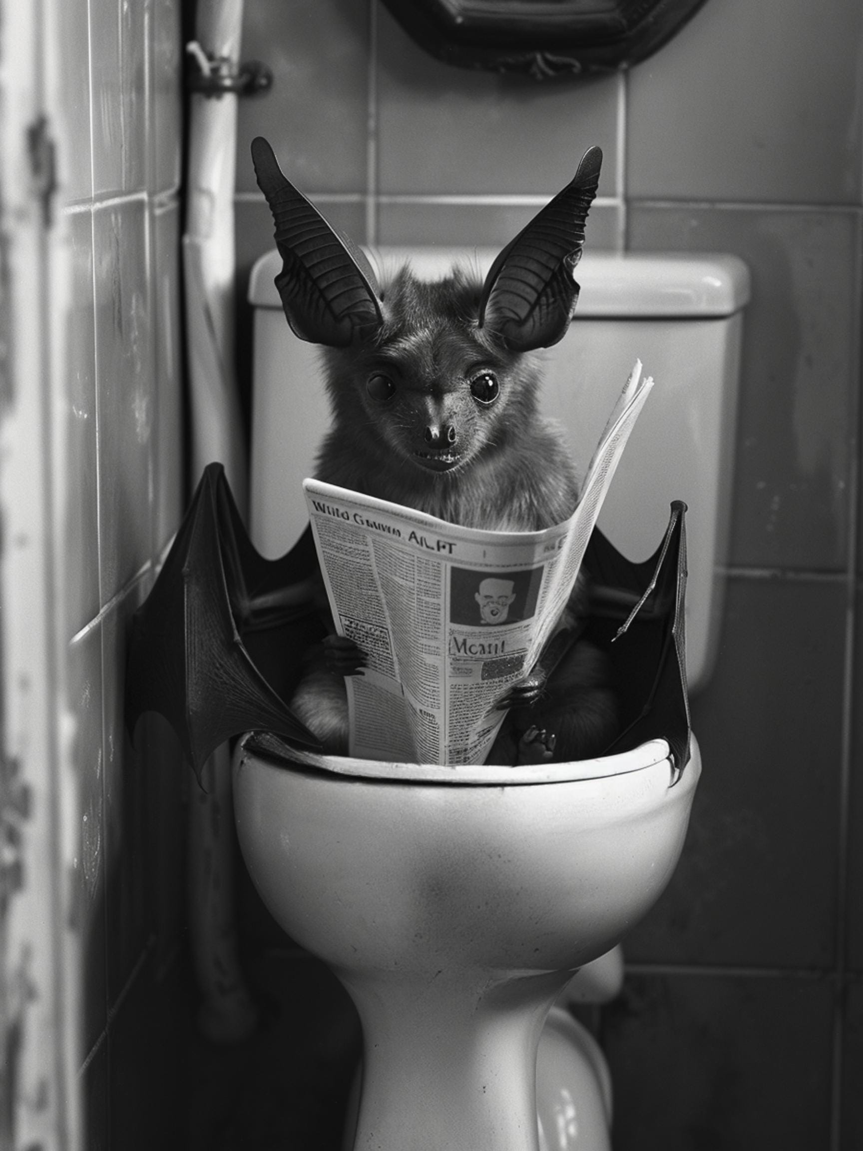 Bat Sitting on the Toilet Reading a Newspaper, Funny Bathroom Wall ...