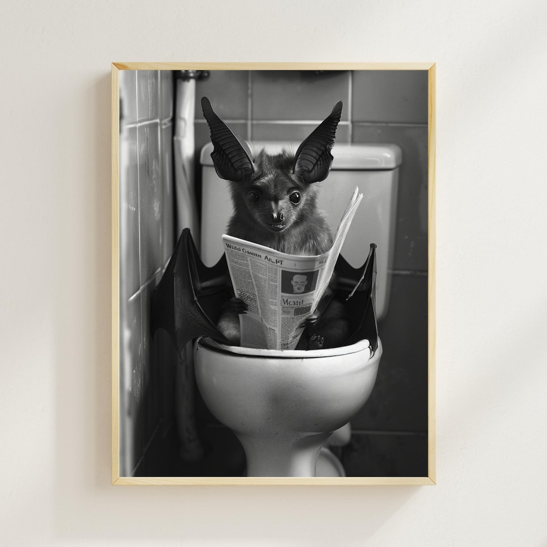 Bat Sitting on the Toilet Reading a Newspaper, Funny Bathroom Wall ...