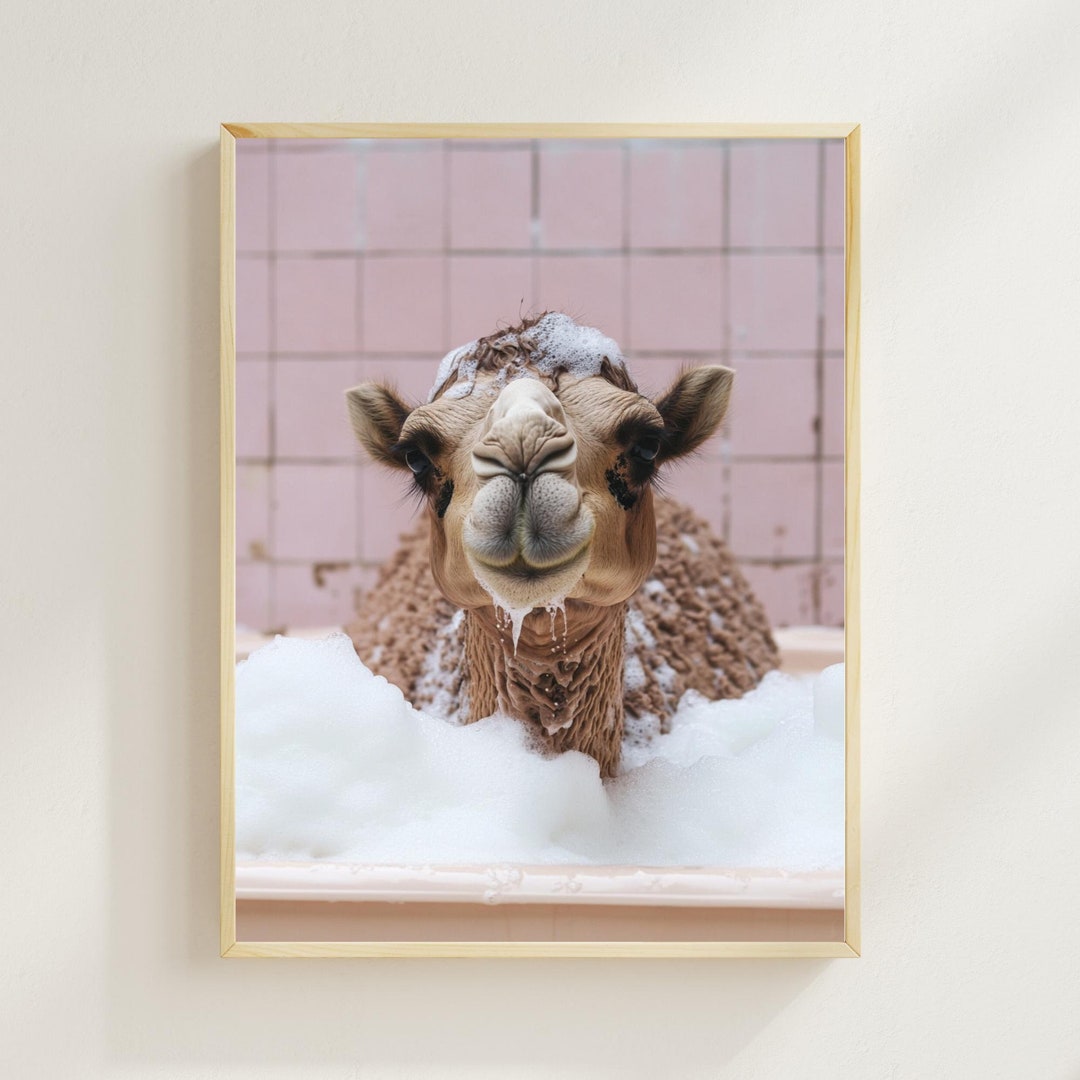 Camel in the Bathtub, Camel Taking a Bubble Bath, Funny Animal Bath Art ...