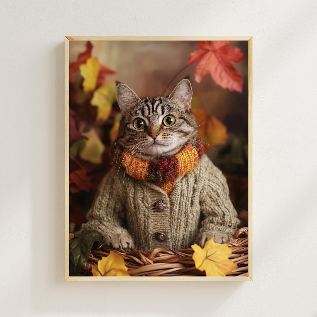Autumn Cat Art, Fall Animal Printable, Woodland Wall Art, Cat in Fall ...