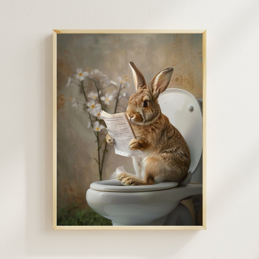 Rabbit Sitting on the Toilet Reading a Newspaper, Funny Animal Print ...