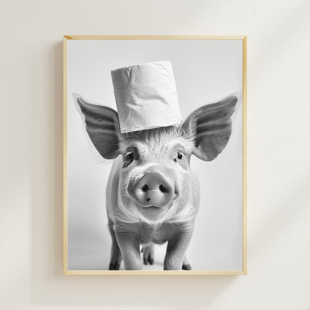 Pig With a Toilet Paper Roll on the Head, Printable Bathroom Art, Funny ...
