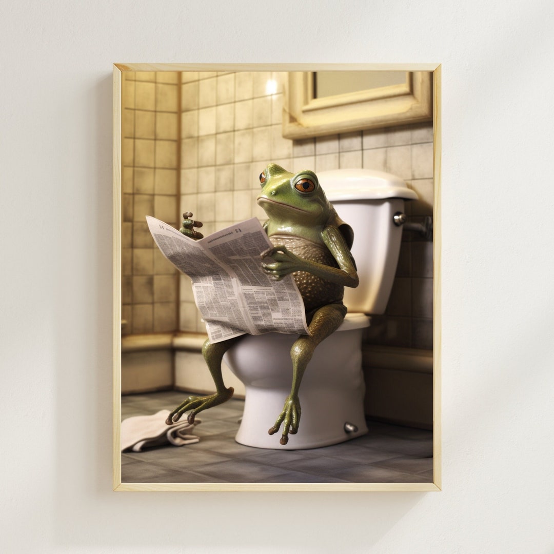 Frog Sitting on the Toilet Reading a Newspaper, Funny Animal Wall Art ...