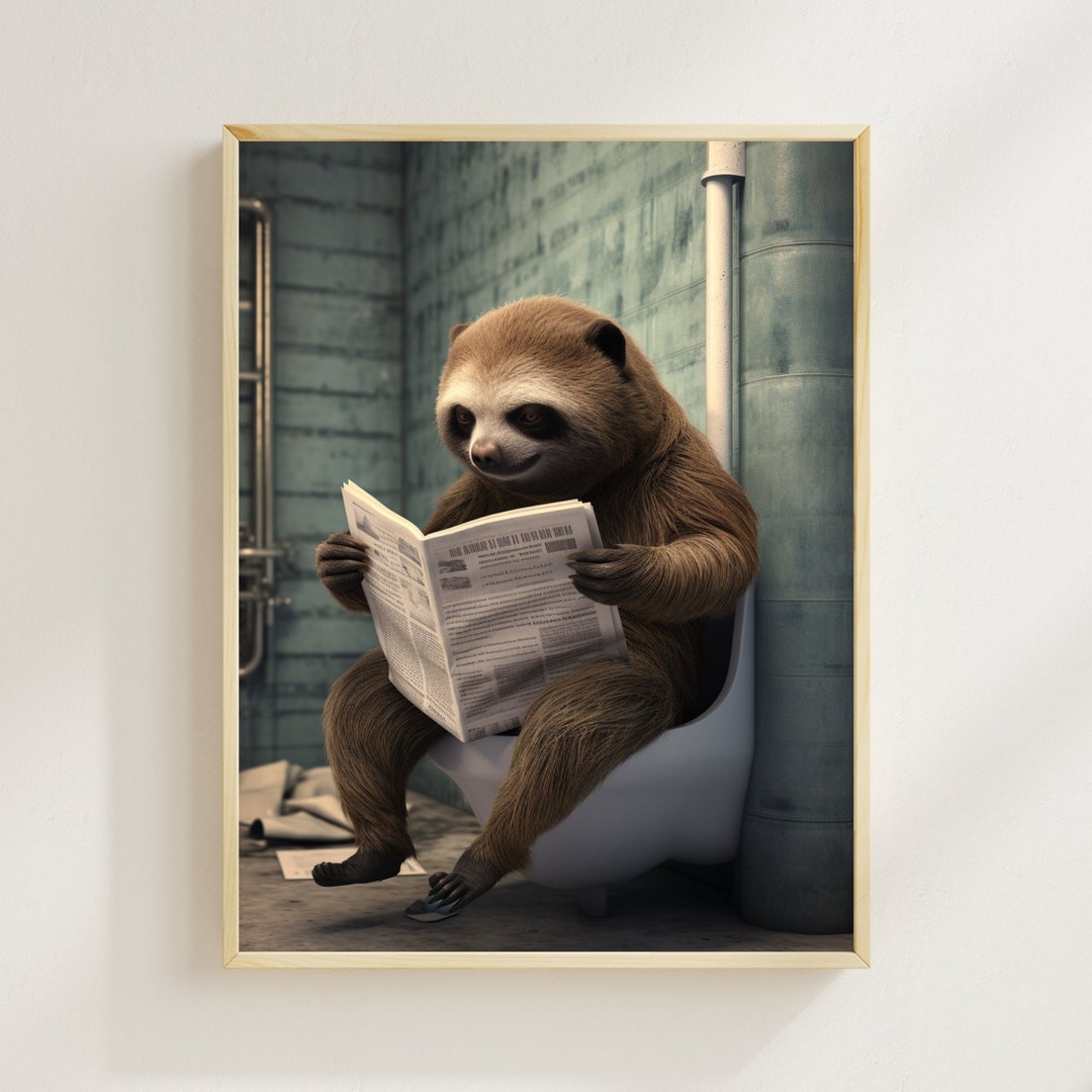 Sloth Sitting on the Toilet Reading a Newspaper, Toilet Poster, Sloth ...