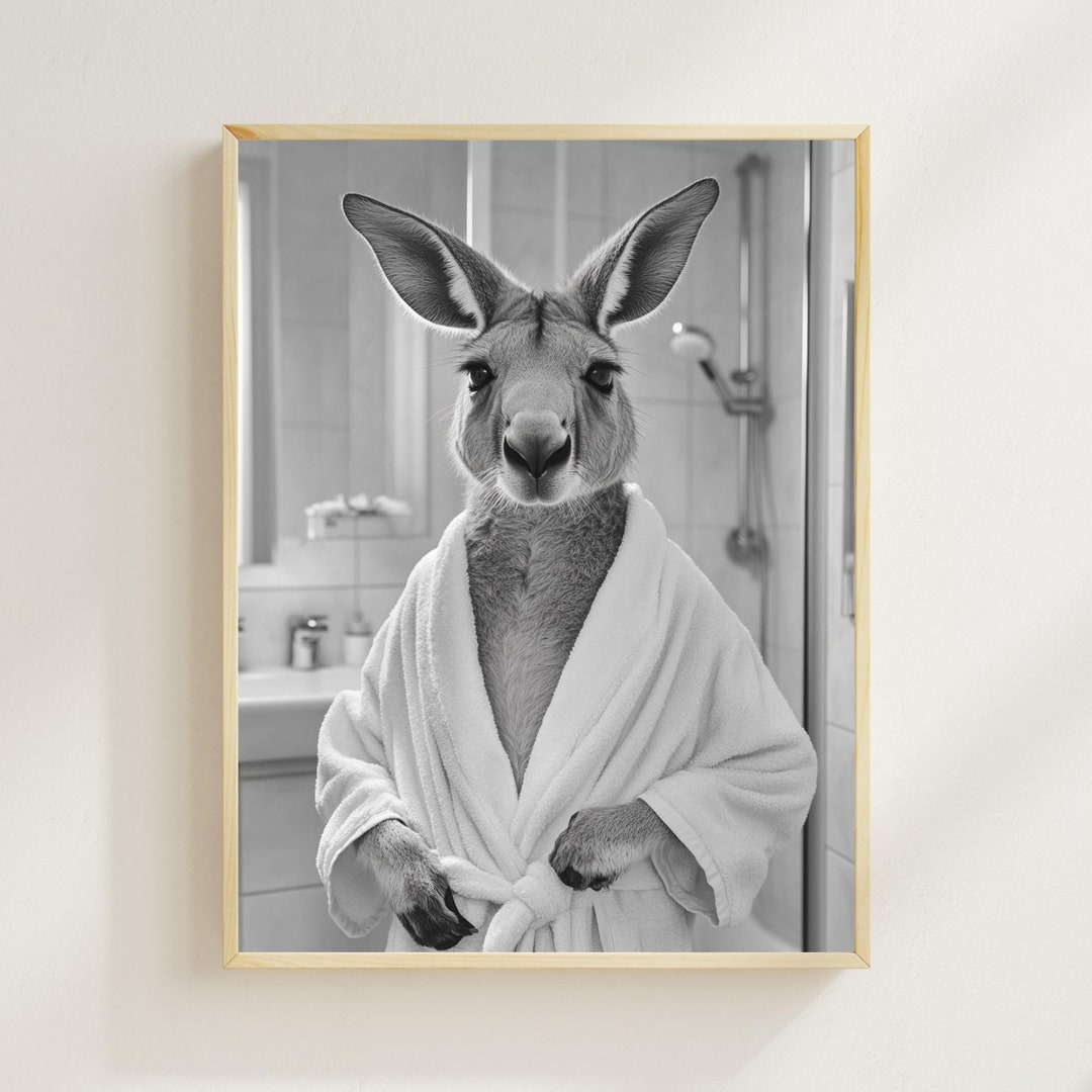 Kangaroo in a Bathrobe, Funny Bathroom Wall Art, Quirky Animal Print ...
