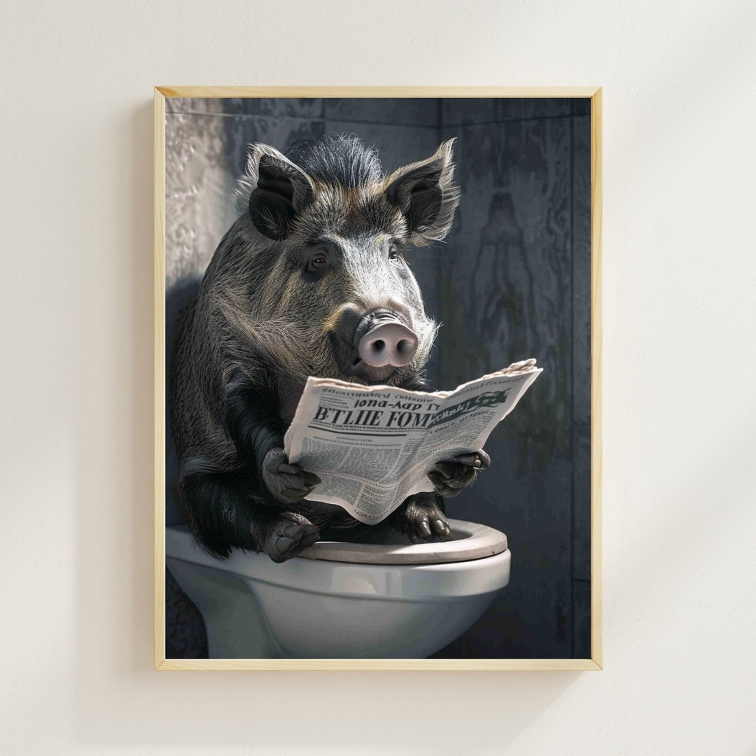 Wild Boar Sitting on the Toilet Reading a Newspaper, Funny Animal Print ...