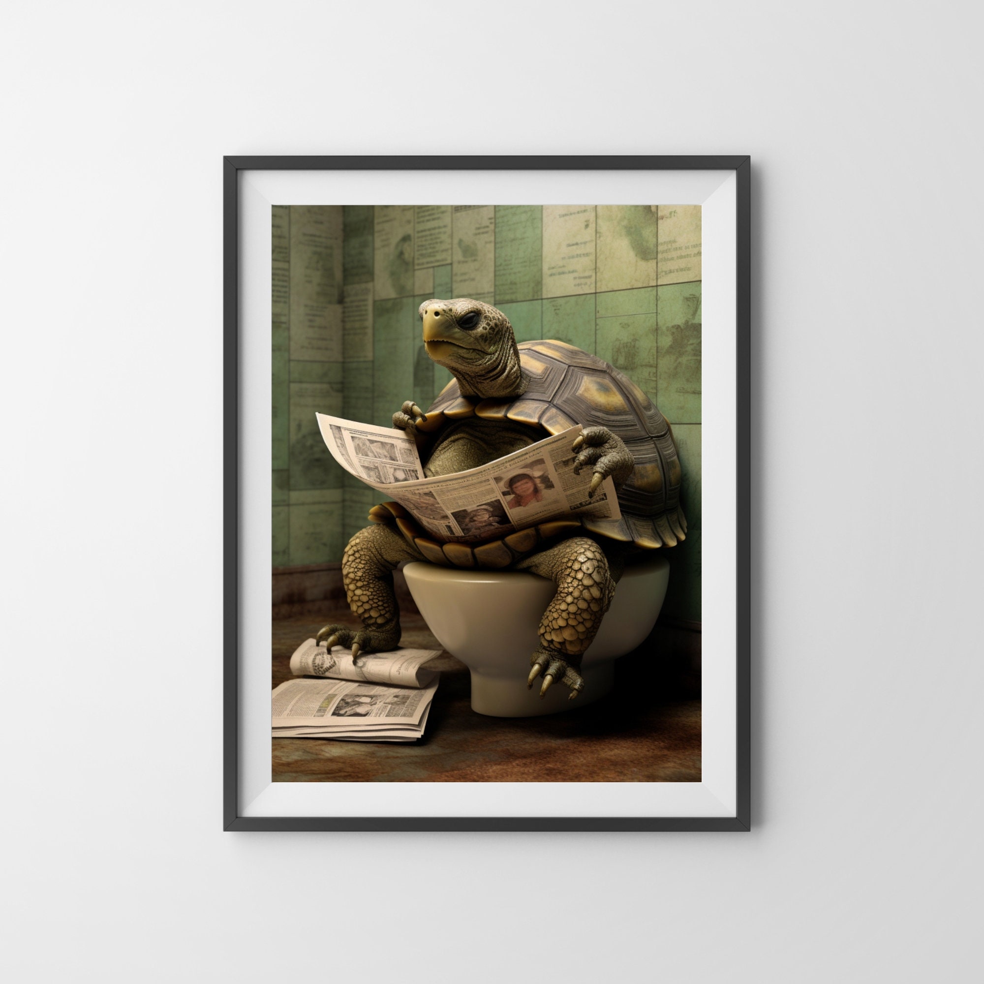 Turtle Sitting on the Toilet Reading a Newspaper, Funny Bathroom Wall ...