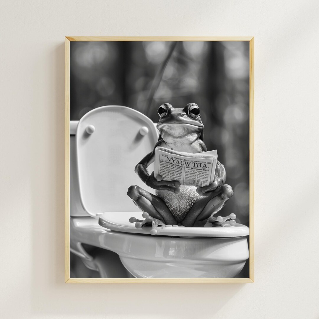 Frog Sitting on the Toilet Reading a Newspaper, Funny Bathroom Wall ...