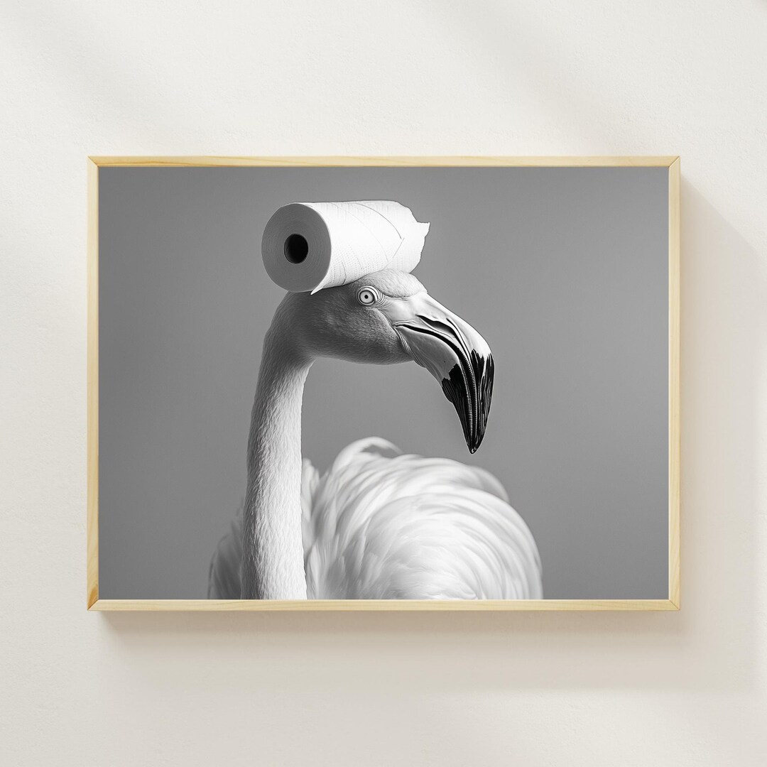 Flamingo With a Toilet Paper Roll on the Head, Restroom Art, Funny ...