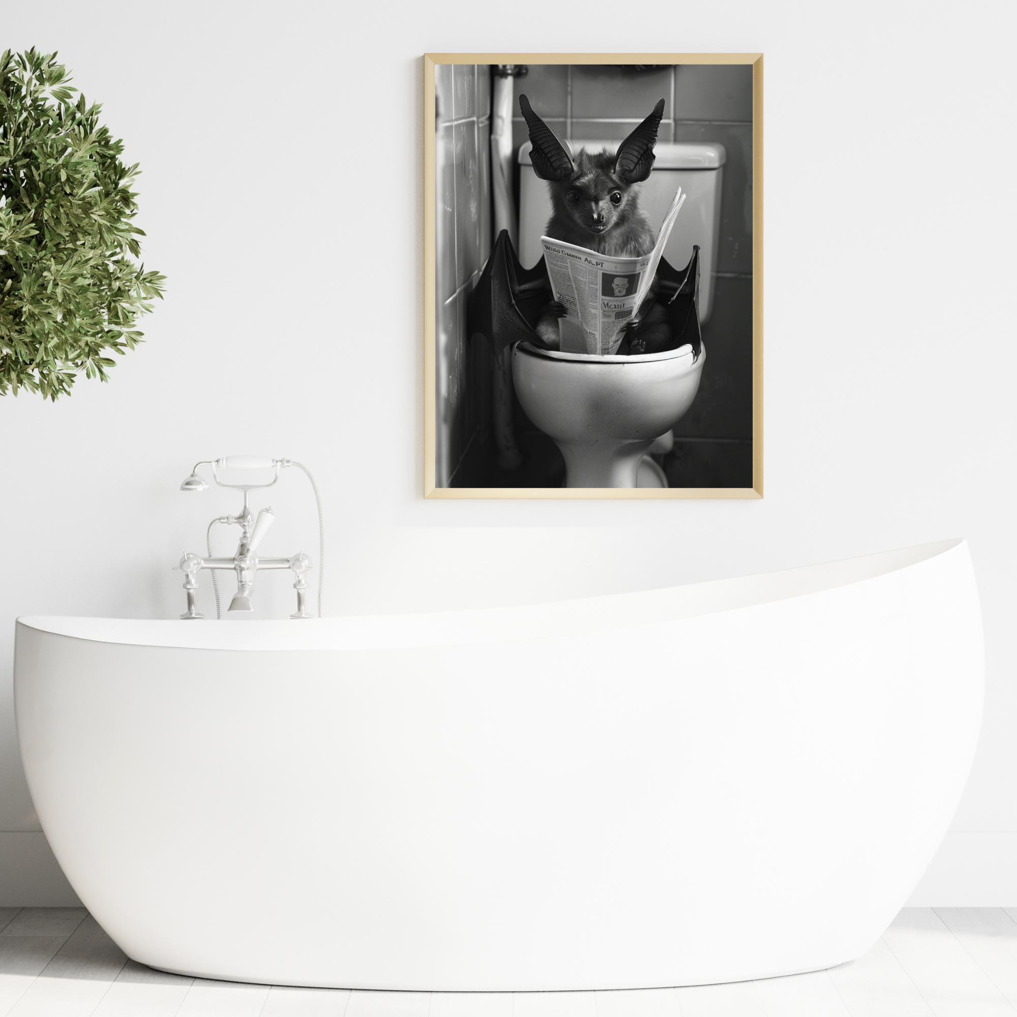 Bat Sitting on the Toilet Reading a Newspaper, Funny Bathroom Wall ...