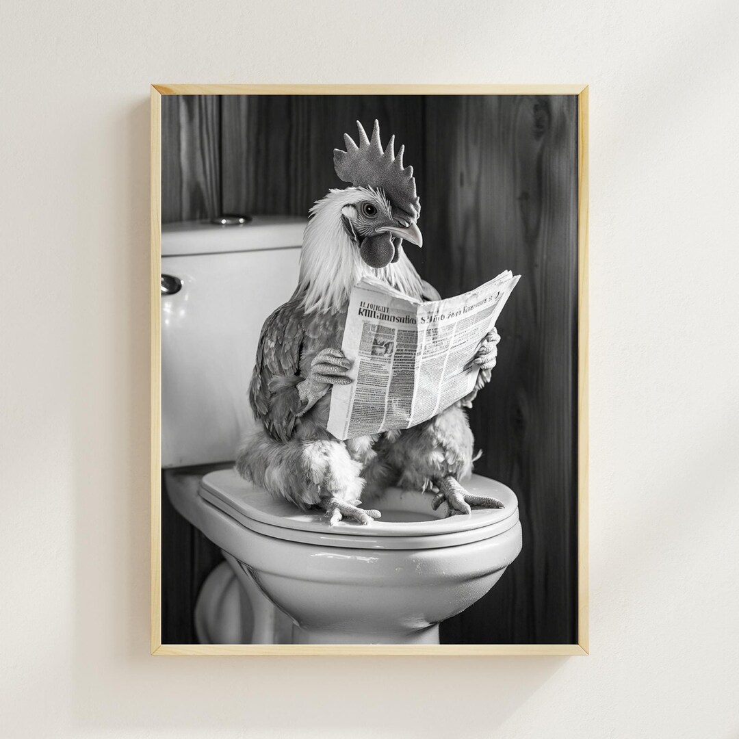 Chicken Sitting on the Toilet Reading a Newspaper, Funny Animal Print ...